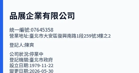 品展企業有限公司的照片-統編 07645358(臺北市) 公司登記資料與營業項目詳細圖表