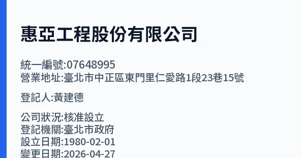 惠亞工程股份有限公司的照片-統編 07648995(臺北市) 公司登記資料與營業項目詳細圖表