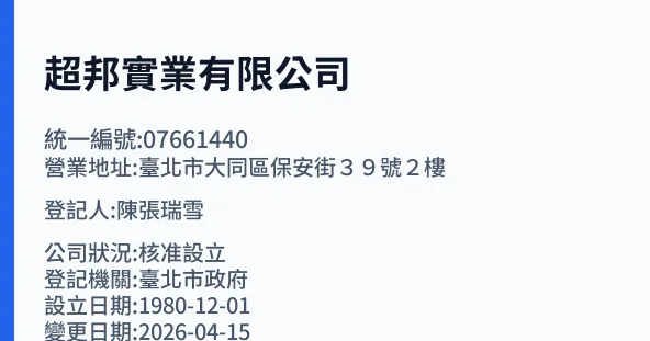 超邦實業有限公司的照片-統編 07661440(臺北市) 公司登記資料與營業項目詳細圖表