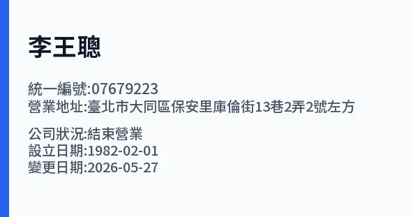 李王聰的照片-統編 07679223(臺北市) 公司登記資料與營業項目詳細圖表