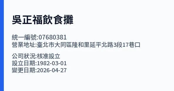 吳正福飲食攤的照片-統編 07680381(臺北市) 公司登記資料與營業項目詳細圖表