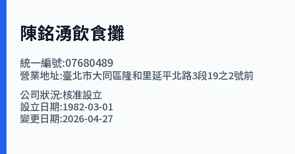 陳銘湧飲食攤的照片-統編 07680489(臺北市) 公司登記資料與營業項目詳細圖表