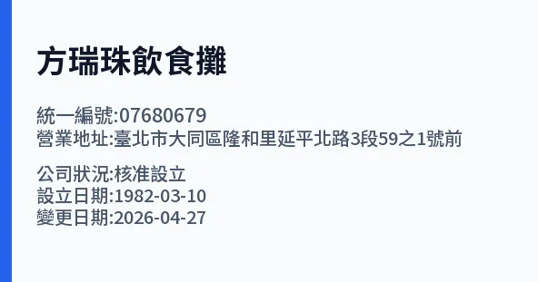 方瑞珠飲食攤的照片-統編 07680679(臺北市) 公司登記資料與營業項目詳細圖表