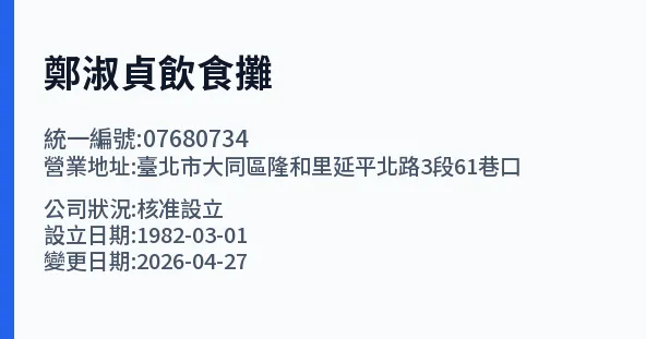 鄭淑貞飲食攤的照片-統編 07680734(臺北市) 公司登記資料與營業項目詳細圖表