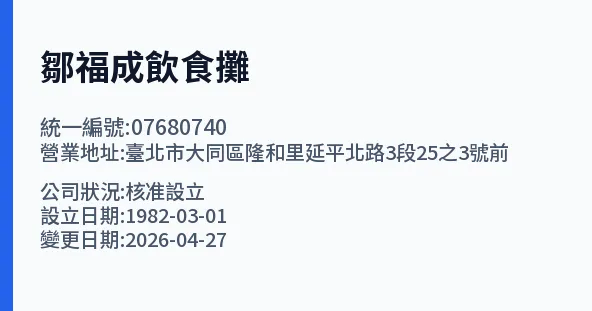 鄒福成飲食攤的照片-統編 07680740(臺北市) 公司登記資料與營業項目詳細圖表