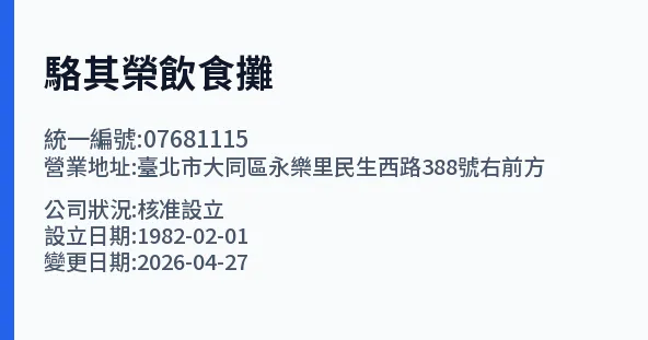 駱其榮飲食攤的照片-統編 07681115(臺北市) 公司登記資料與營業項目詳細圖表