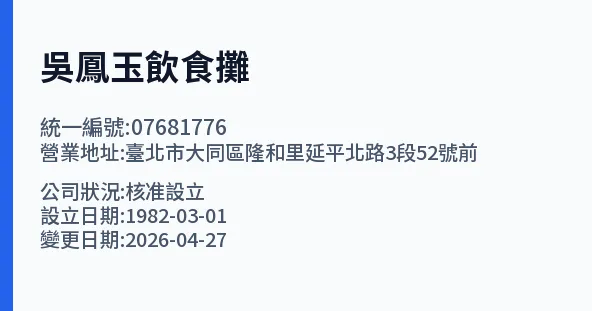 吳鳳玉飲食攤的照片-統編 07681776(臺北市) 公司登記資料與營業項目詳細圖表