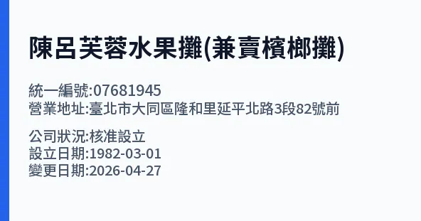 陳呂芙蓉水果攤(兼賣檳榔攤)的照片-統編 07681945(臺北市) 公司登記資料與營業項目詳細圖表