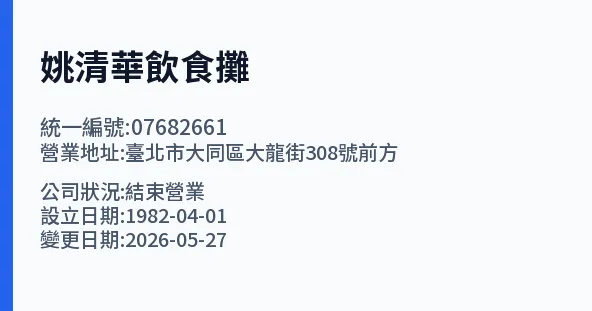 姚清華飲食攤的照片-統編 07682661(臺北市) 公司登記資料與營業項目詳細圖表