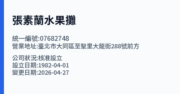 張素蘭水果攤的照片-統編 07682748(臺北市) 公司登記資料與營業項目詳細圖表