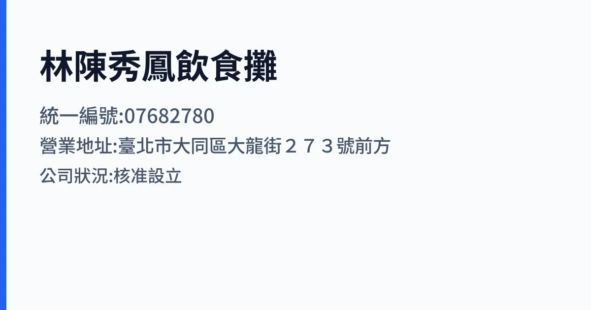 林陳秀鳳飲食攤 - 統編 07682780(臺北市) 公司登記資料與營業項目詳細圖表