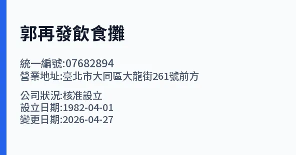 郭再發飲食攤的照片-統編 07682894(臺北市) 公司登記資料與營業項目詳細圖表