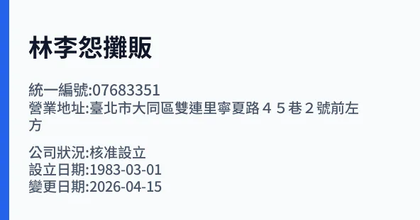 林李怨攤販的照片-統編 07683351(臺北市) 公司登記資料與營業項目詳細圖表