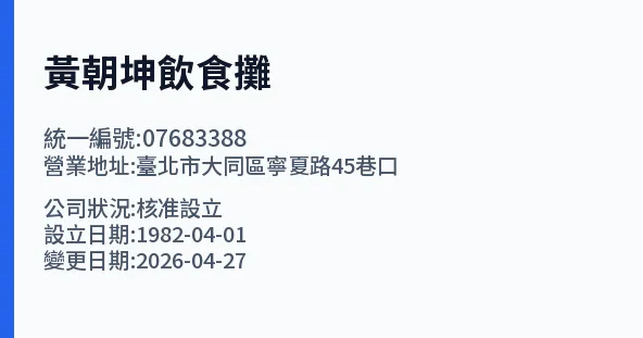 黃朝坤飲食攤的照片-統編 07683388(臺北市) 公司登記資料與營業項目詳細圖表
