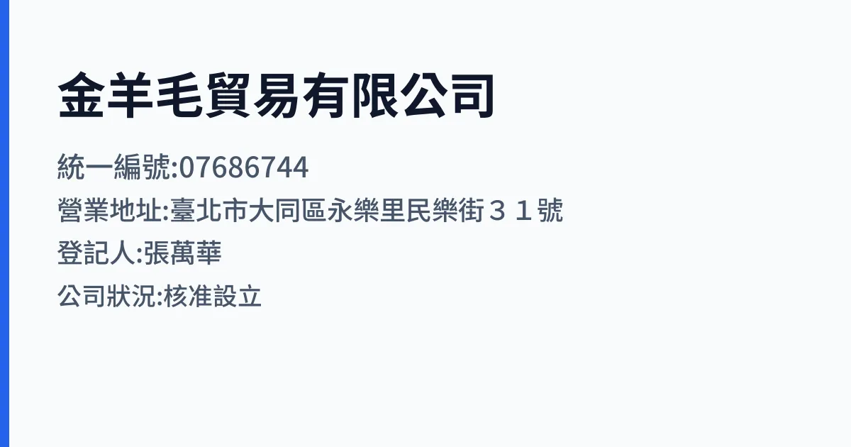 金羊毛貿易有限公司 - 統編 07686744(臺北市) 公司登記資料與營業項目詳細圖表