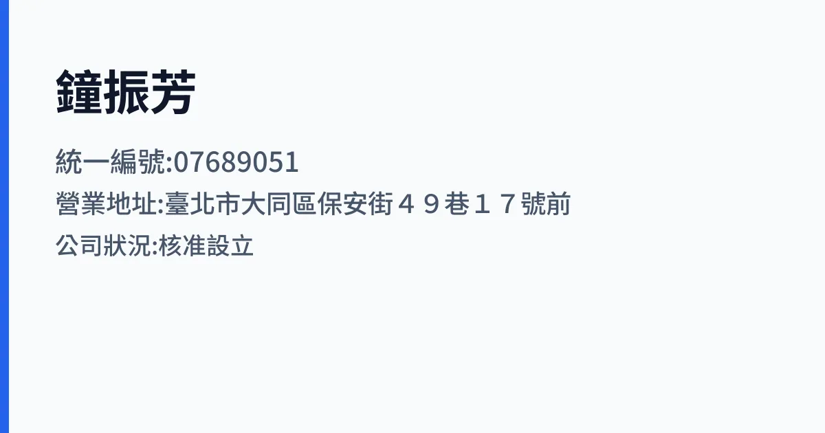 鐘振芳 - 統編 07689051(臺北市) 公司登記資料與營業項目詳細圖表