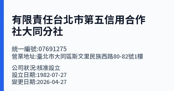 有限責任台北市第五信用合作社大同分社的照片-統編 07691275(臺北市) 公司登記資料與營業項目詳細圖表