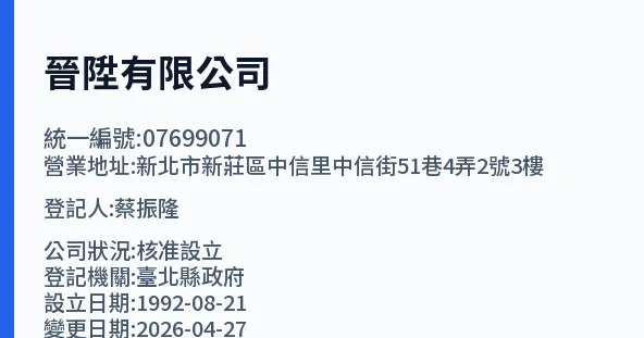 晉陞有限公司的照片-統編 07699071(新北市) 公司登記資料與營業項目詳細圖表