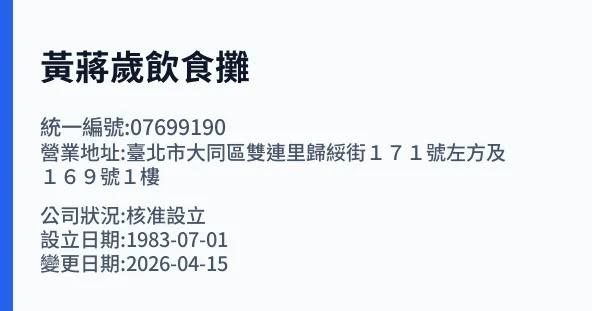 黃蔣歲飲食攤的照片-統編 07699190(臺北市) 公司登記資料與營業項目詳細圖表