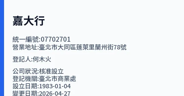 嘉大行的照片-統編 07702701(臺北市) 公司登記資料與營業項目詳細圖表