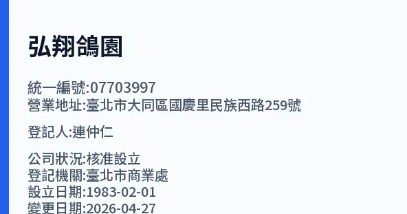 弘翔鴿園的照片-統編 07703997(臺北市) 公司登記資料與營業項目詳細圖表