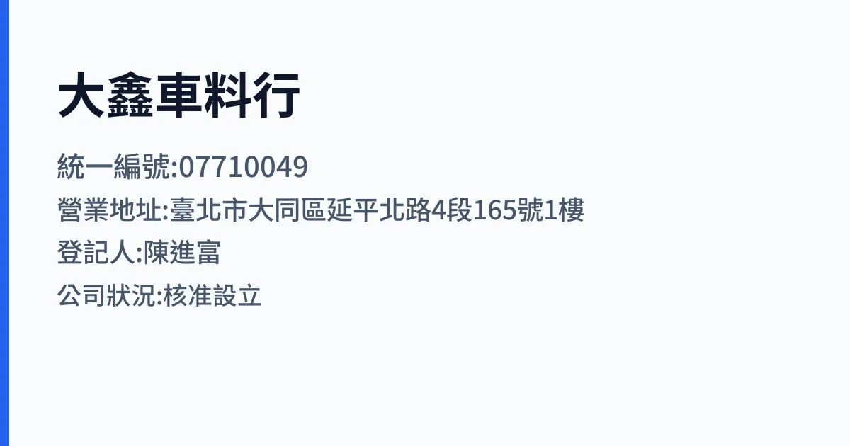 大鑫車料行 - 統編 07710049(臺北市) 公司登記資料與營業項目詳細圖表