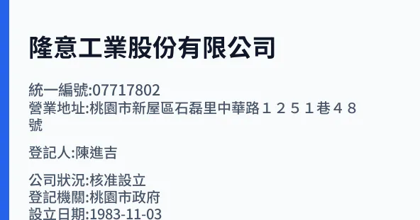 隆意工業股份有限公司的照片-統編 07717802(桃園市) 公司登記資料與營業項目詳細圖表