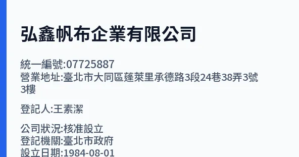 弘鑫帆布企業有限公司的照片-統編 07725887(臺北市) 公司登記資料與營業項目詳細圖表
