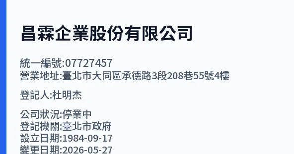 昌霖企業股份有限公司的照片-統編 07727457(臺北市) 公司登記資料與營業項目詳細圖表