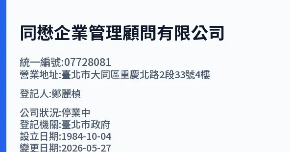 同懋企業管理顧問有限公司的照片-統編 07728081(臺北市) 公司登記資料與營業項目詳細圖表