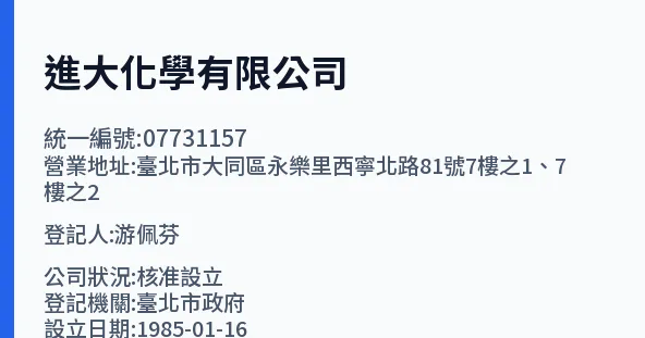 進大化學有限公司的照片-統編 07731157(臺北市) 公司登記資料與營業項目詳細圖表