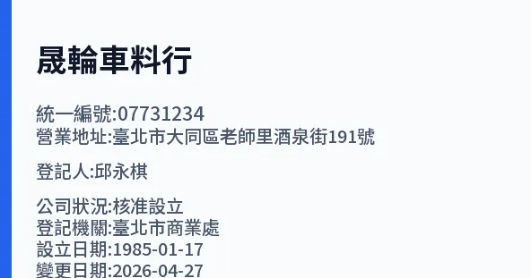 晟輪車料行的照片-統編 07731234(臺北市) 公司登記資料與營業項目詳細圖表