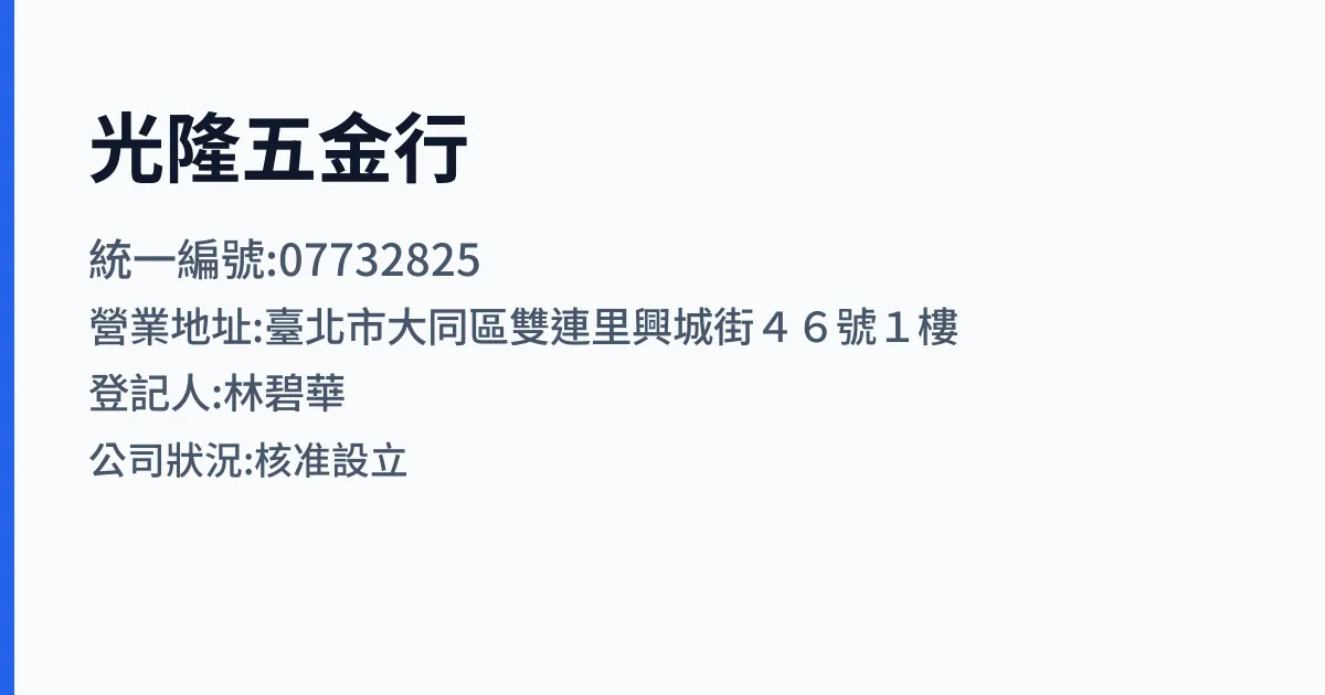 光隆五金行 - 統編 07732825(臺北市) 公司登記資料與營業項目詳細圖表