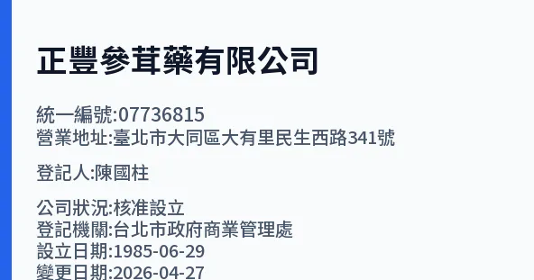 正豐參茸藥有限公司的照片-統編 07736815(臺北市) 公司登記資料與營業項目詳細圖表