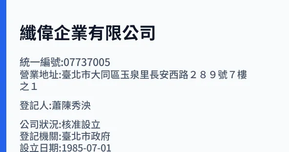 纖偉企業有限公司的照片-統編 07737005(臺北市) 公司登記資料與營業項目詳細圖表