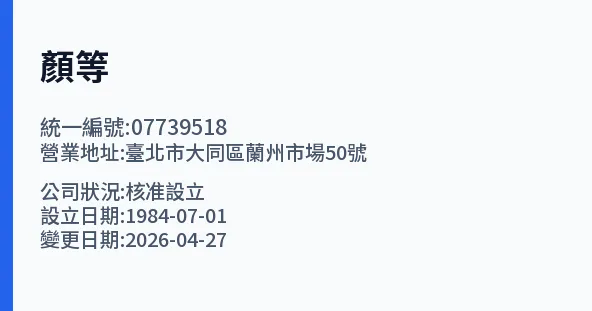 顏等的照片-統編 07739518(臺北市) 公司登記資料與營業項目詳細圖表