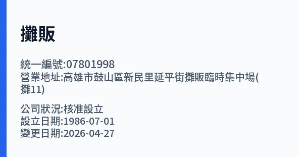 攤販的照片-統編 07801998(高雄市) 公司登記資料與營業項目詳細圖表
