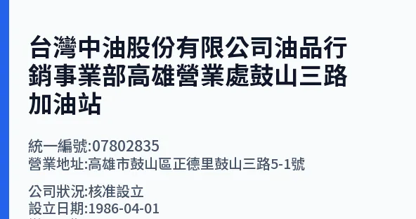 台灣中油股份有限公司油品行銷事業部高雄營業處鼓山三路加油站的照片-統編 07802835(高雄市) 公司登記資料與營業項目詳細圖表