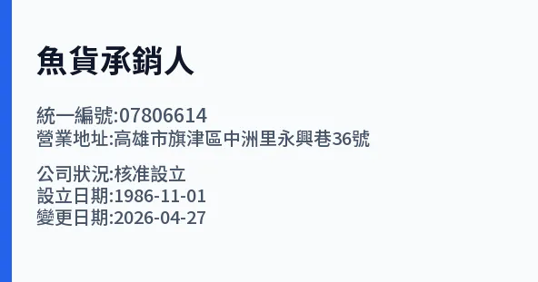 魚貨承銷人的照片-統編 07806614(高雄市) 公司登記資料與營業項目詳細圖表