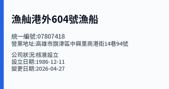 漁舢港外604號漁船的照片-統編 07807418(高雄市) 公司登記資料與營業項目詳細圖表