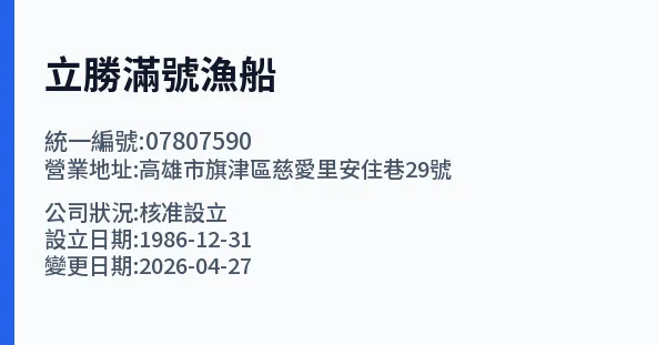 立勝滿號漁船的照片-統編 07807590(高雄市) 公司登記資料與營業項目詳細圖表