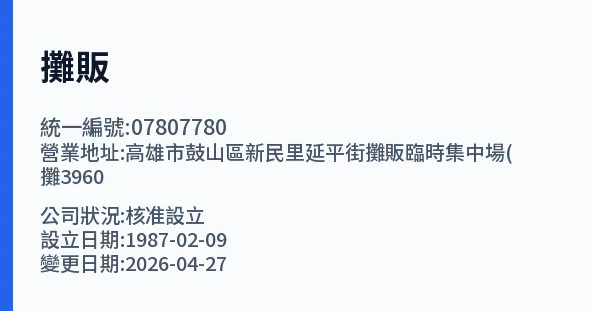 攤販的照片-統編 07807780(高雄市) 公司登記資料與營業項目詳細圖表