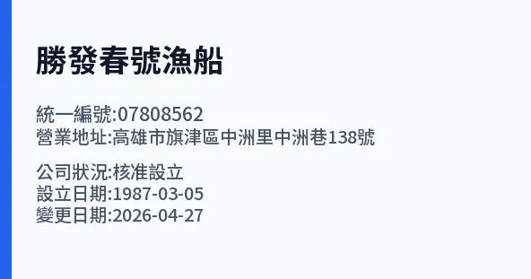 勝發春號漁船的照片-統編 07808562(高雄市) 公司登記資料與營業項目詳細圖表