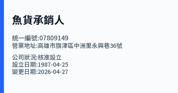 魚貨承銷人的照片-統編 07809149(高雄市) 公司登記資料與營業項目詳細圖表