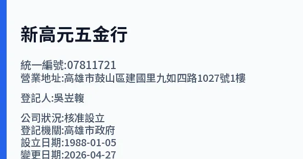 新高元五金行的照片-統編 07811721(高雄市) 公司登記資料與營業項目詳細圖表