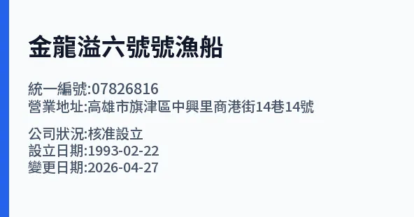 金龍溢六號號漁船的照片-統編 07826816(高雄市) 公司登記資料與營業項目詳細圖表