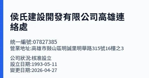 侯氏建設開發有限公司高雄連絡處的照片-統編 07827385(高雄市) 公司登記資料與營業項目詳細圖表