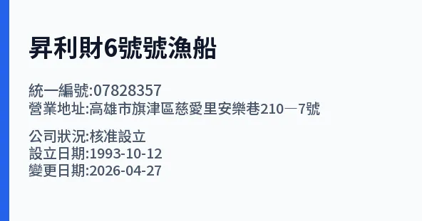 昇利財6號號漁船的照片-統編 07828357(高雄市) 公司登記資料與營業項目詳細圖表