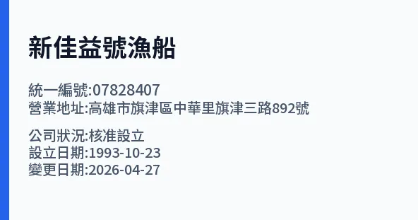 新佳益號漁船的照片-統編 07828407(高雄市) 公司登記資料與營業項目詳細圖表