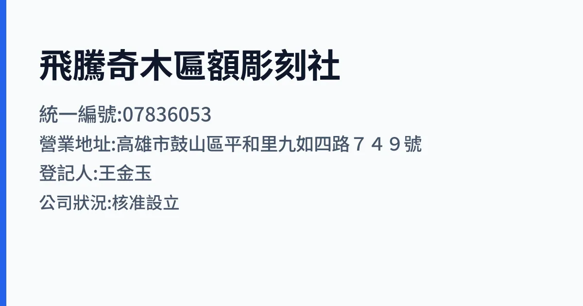 飛騰奇木匾額彫刻社 - 統編 07836053(高雄市) 公司登記資料與營業項目詳細圖表